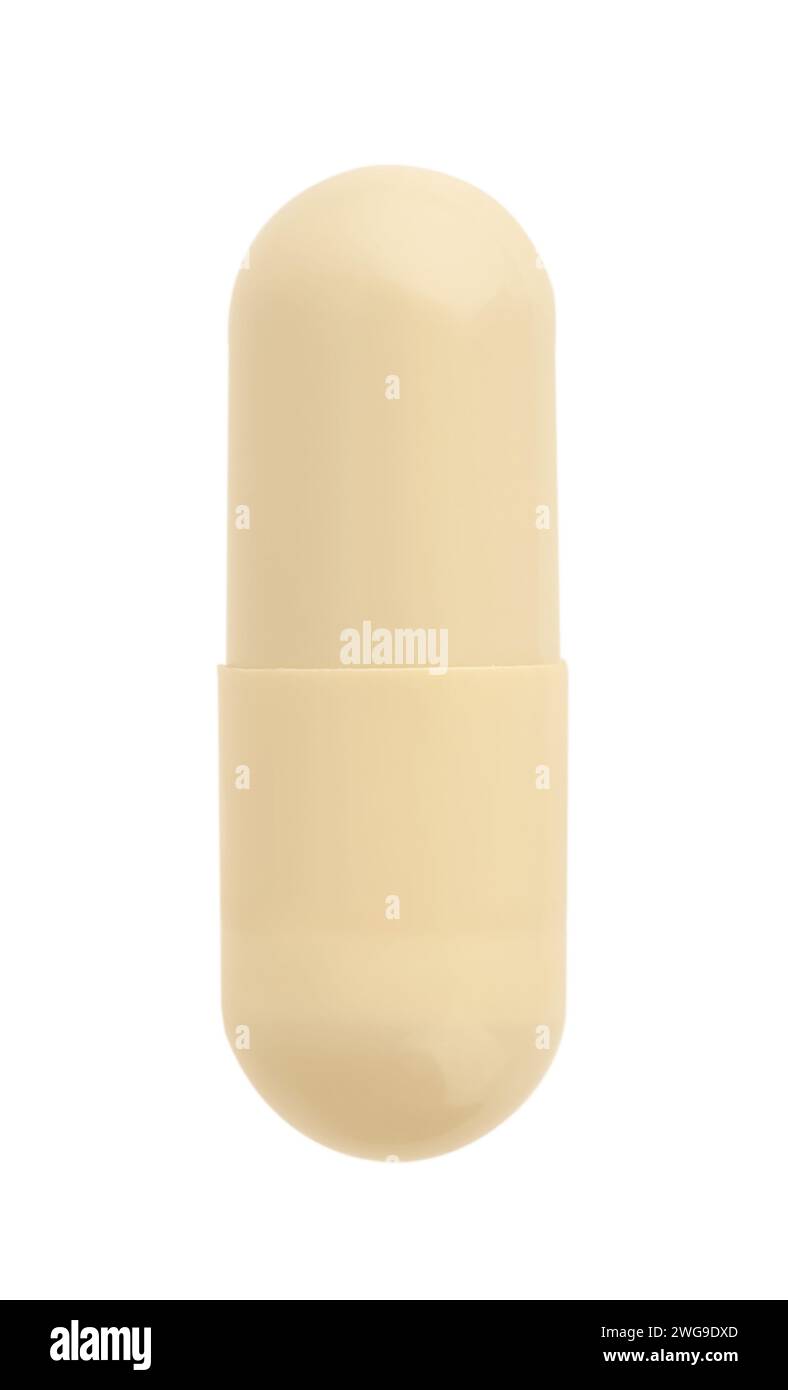 One vitamin capsule isolated on white, top view Stock Photo - Alamy
