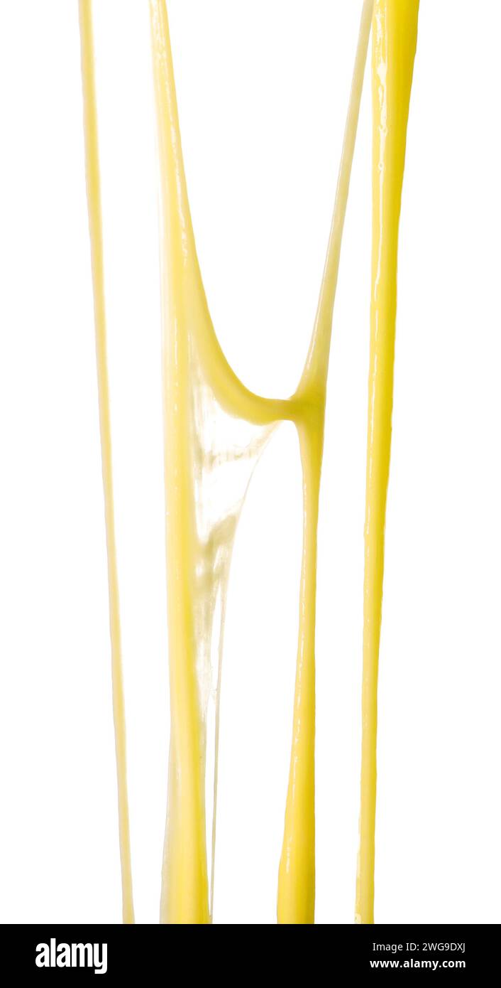 Stretching delicious melted cheese isolated on white Stock Photo - Alamy