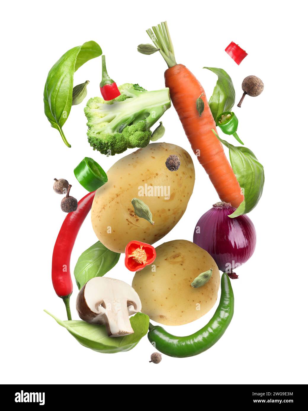 Different fresh vegetables and spices in air on white background Stock ...