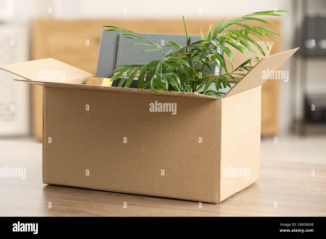 Unemployment problem. Box with worker's personal belongings on table in office Stock Photo - Alamy