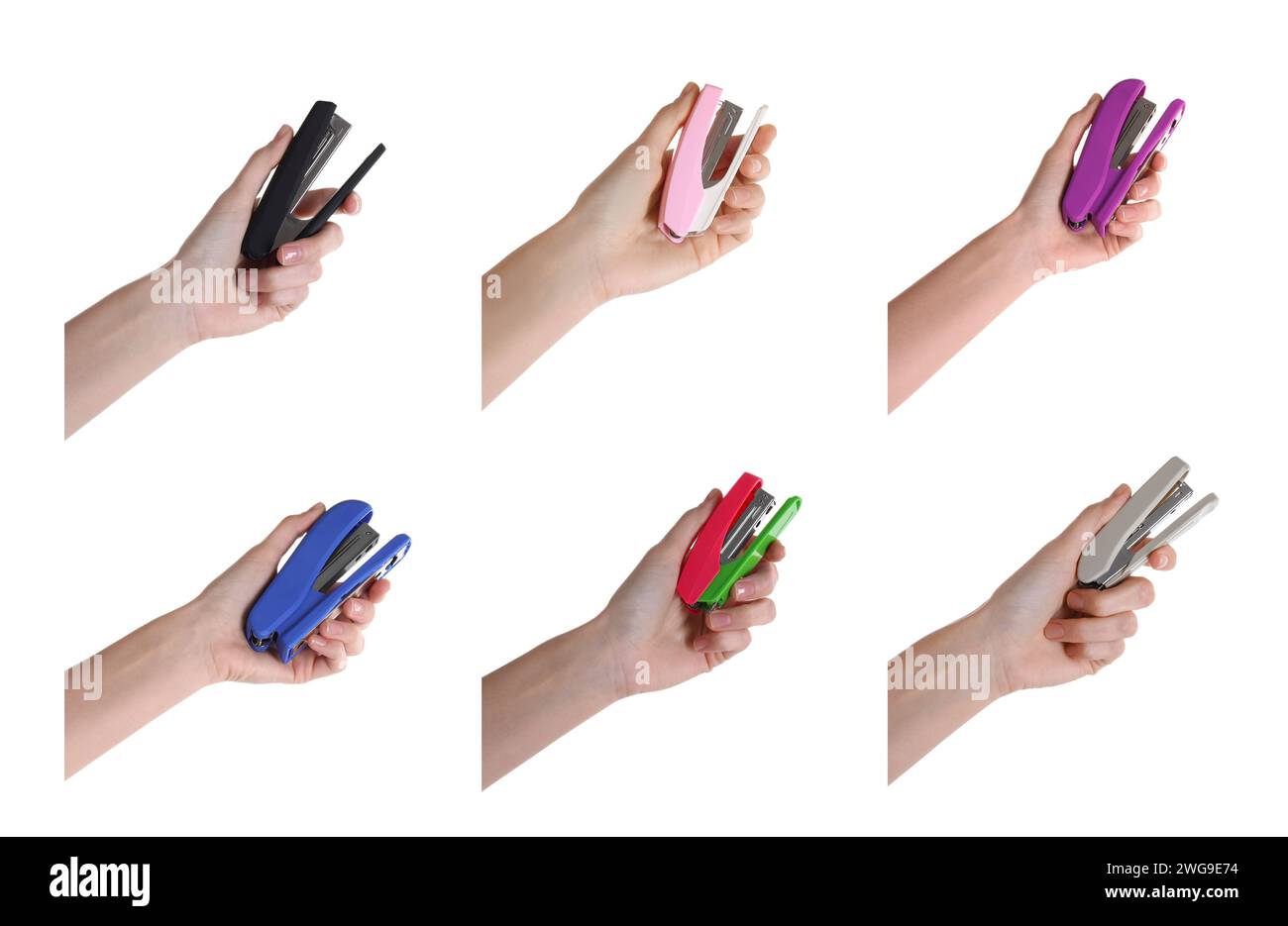 Woman holding colorful staplers isolated on white, collection of photos ...