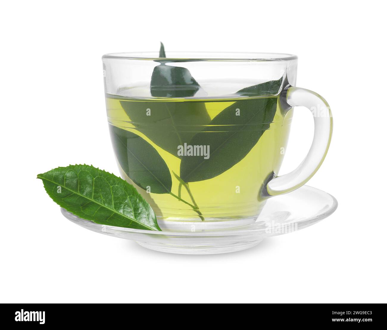 Green tea in glass cup and leaves isolated on white Stock Photo - Alamy