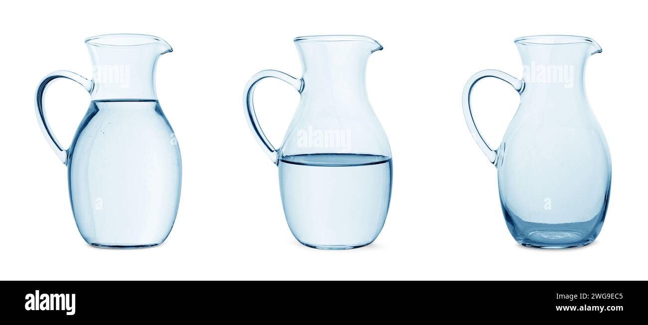 Glass jug isolated on white, collage with empty, semi filled and full ...