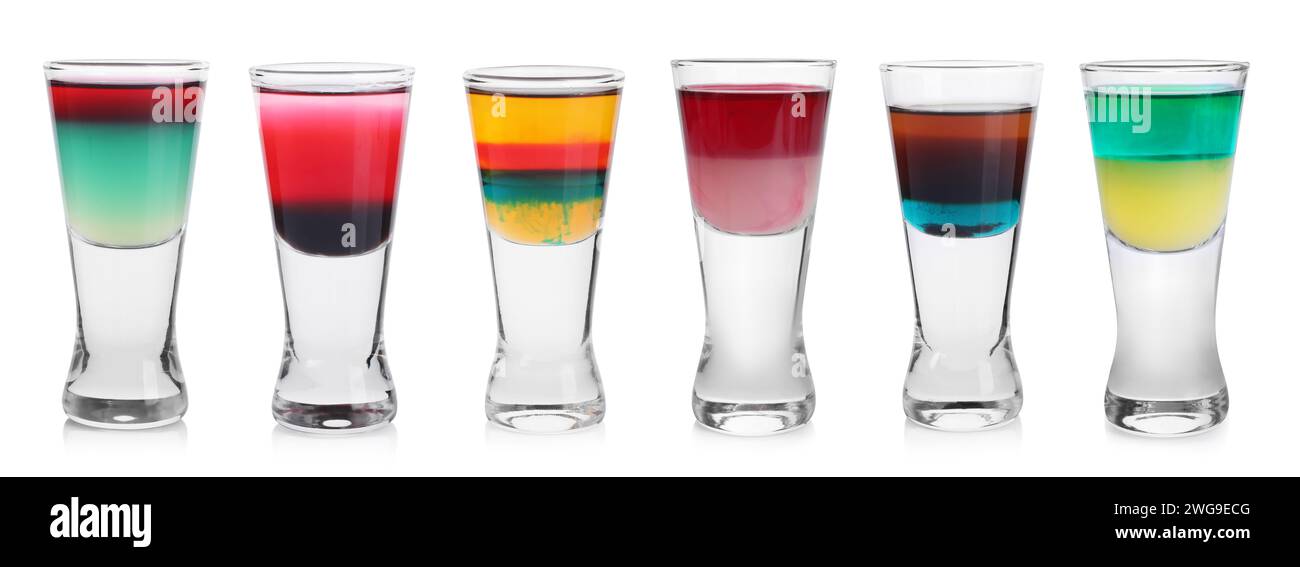 Different shooters in shot glasses isolated on white, set Stock Photo ...