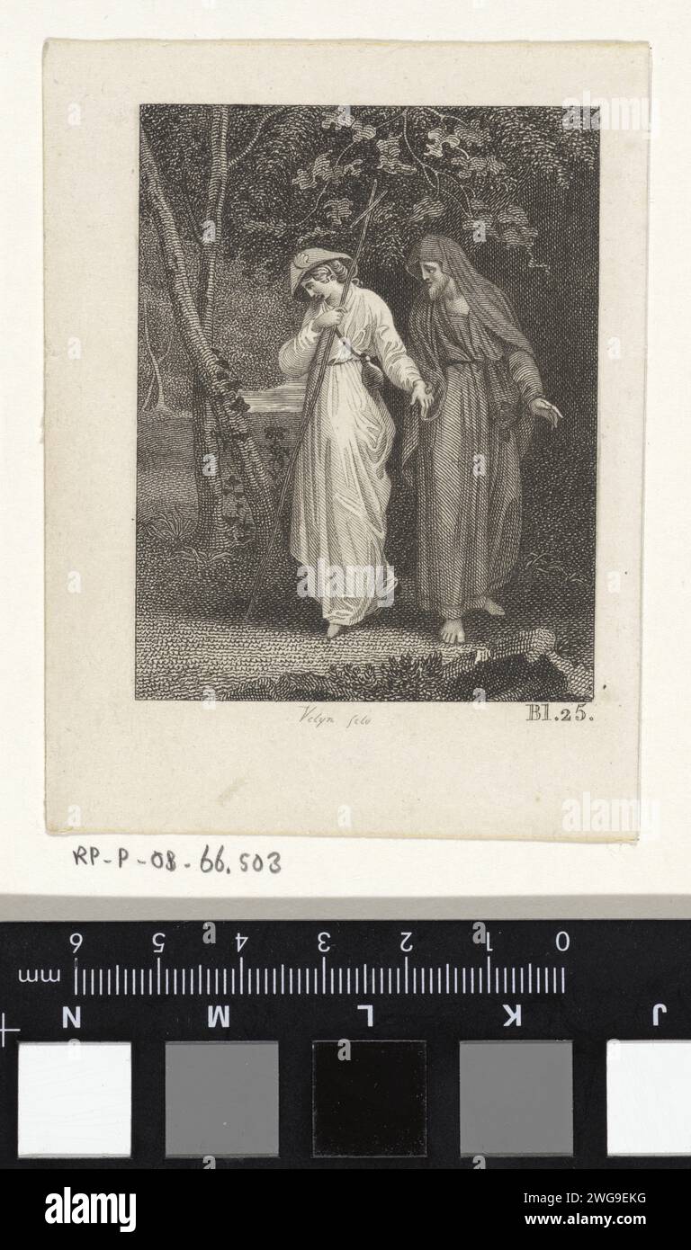 Female pilgrim and a recluse, Philippus Velijn, 1821 print A hermit has ...