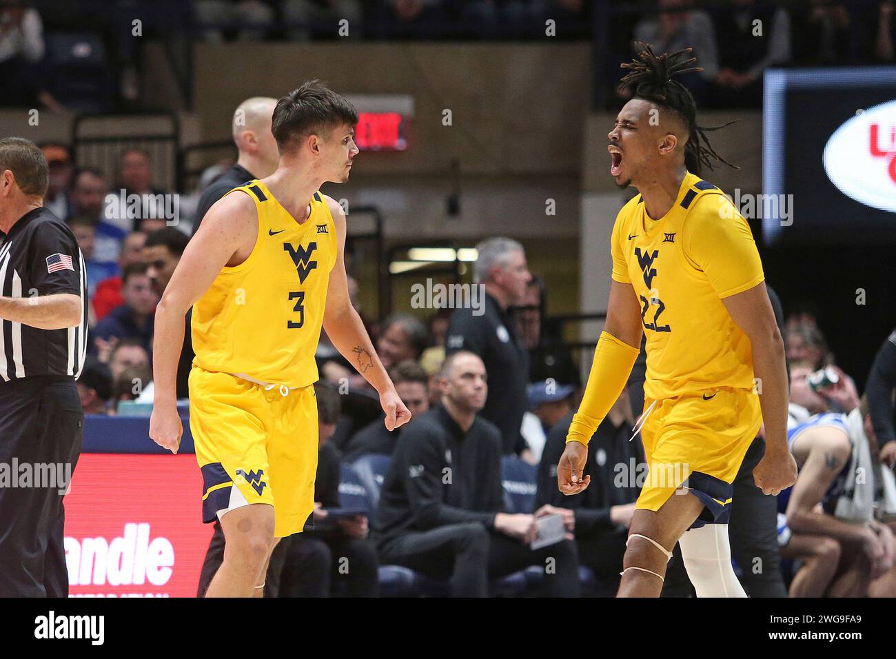 West Virginia guard Kerr Kriisa (3) and forward Josiah Harris (22 ...