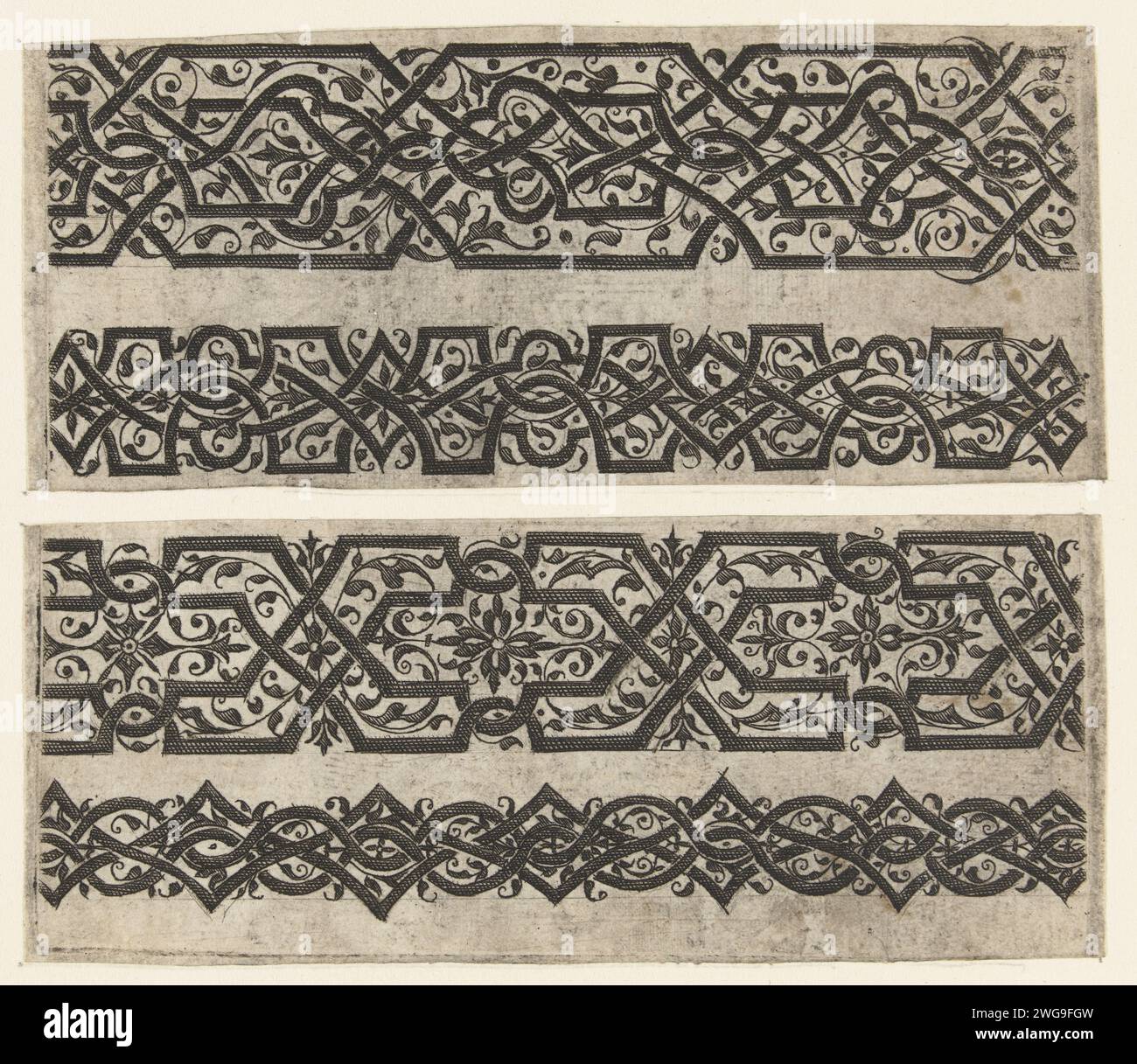 Two narrow and two wide Frisians with black moresken on a white surface ...