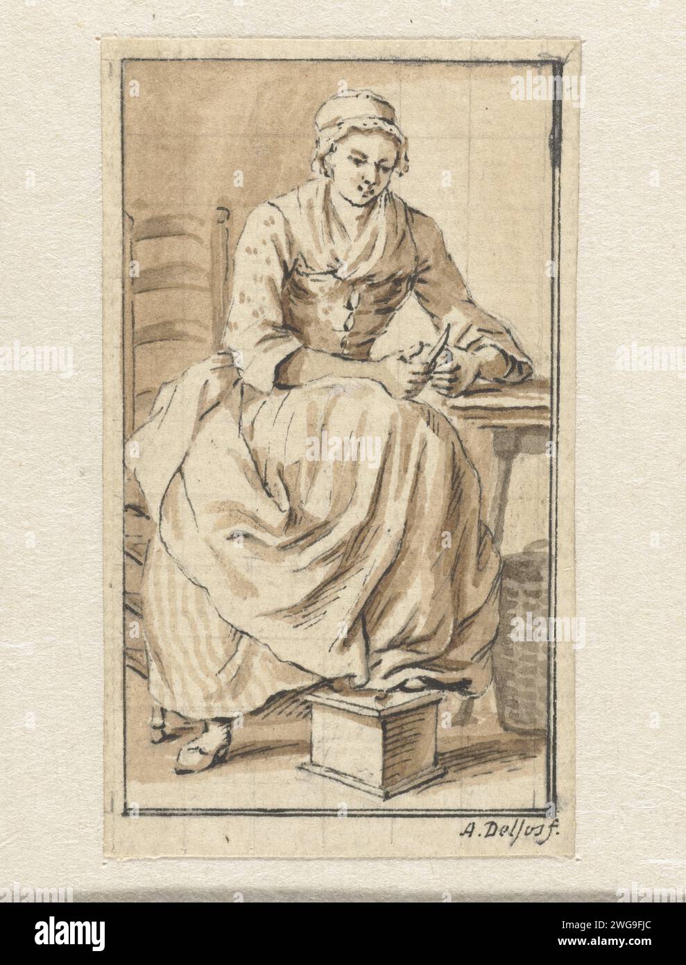 Sitting, peeling woman, Abraham Delfos, 1741 - 1820 drawing paper. ink ...
