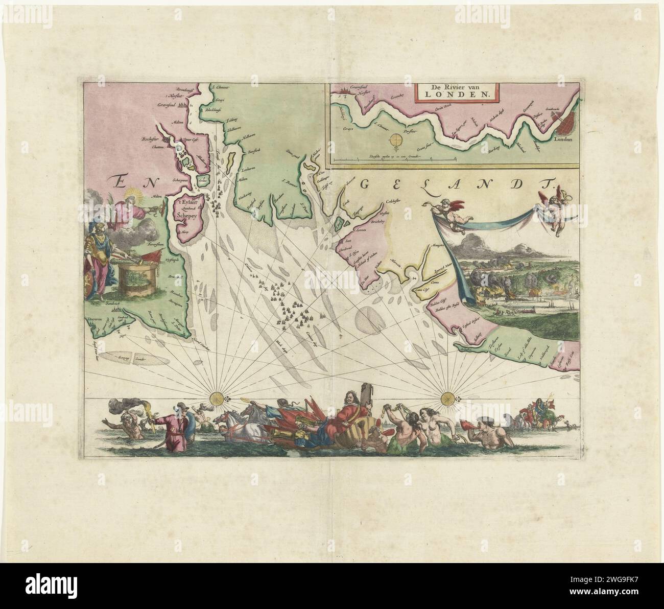 Map of the Mouth of the Thames with the trip to Chatham, 1667, 1667 ...