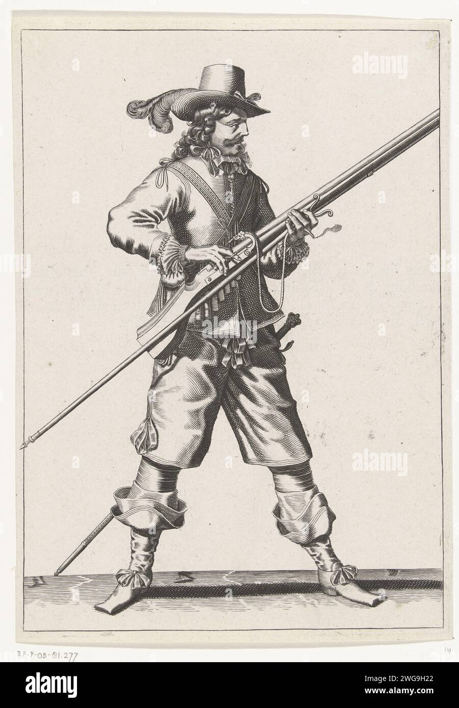 Soldier on guard the pan of his musket with two fingers covered against ...