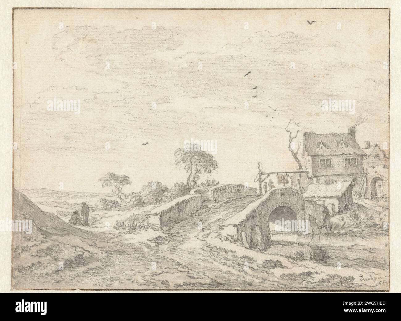 Stone bridge near an inn, Pieter de Molijn, 1660 drawing paper. chalk ...
