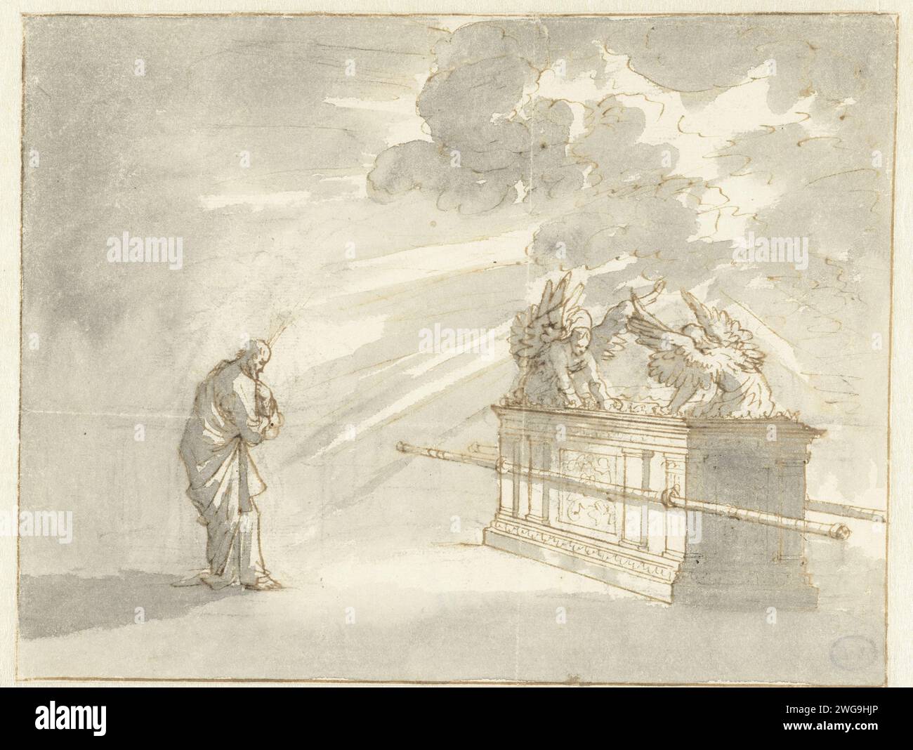 Moses standing by the Ark des Covenant, Jan Luyken, 1703 - 1705 drawing ...