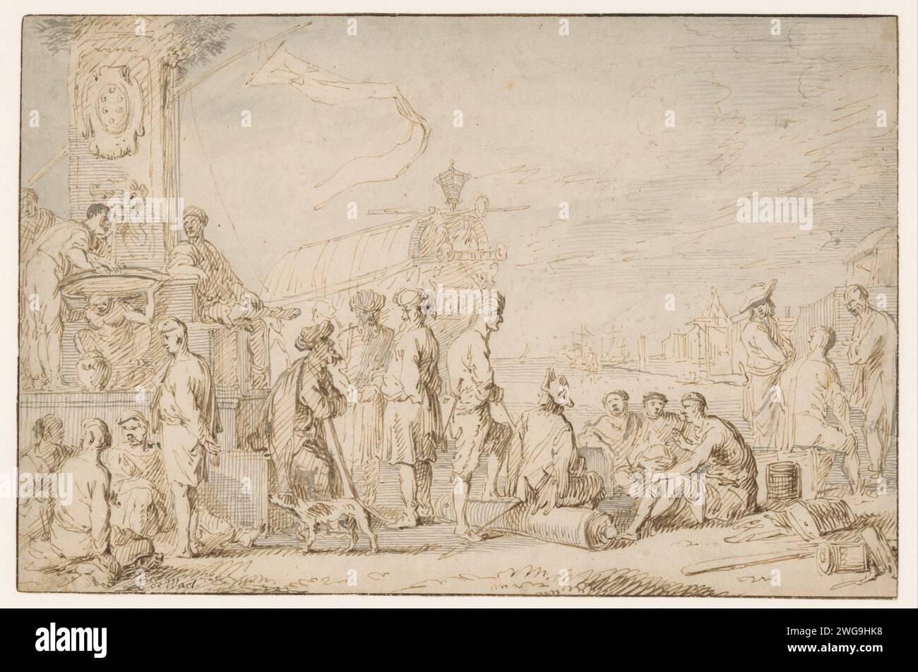 Eastern Seaport, Cornelis de Wael, 1602 - 1667 drawing paper. ink pen ...