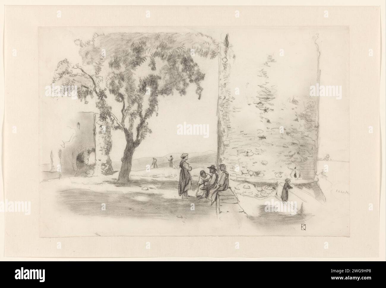 Resting country workers at a tower under a tree, Johan Daniël Koelman ...