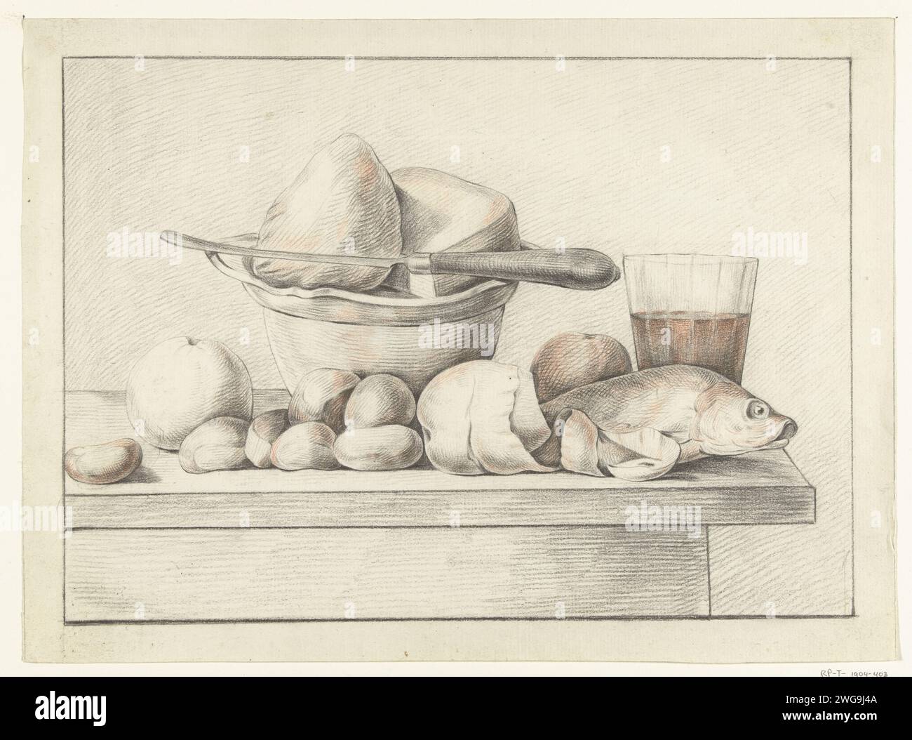 Still life with bread, cheese, fish, fruit and a glass of wine, Jean ...