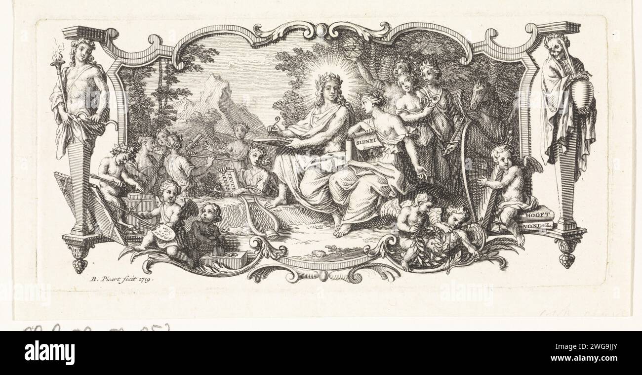 Apollo and De Muzen, Bernard Picart, 1719 print Apollo in the midst of ...