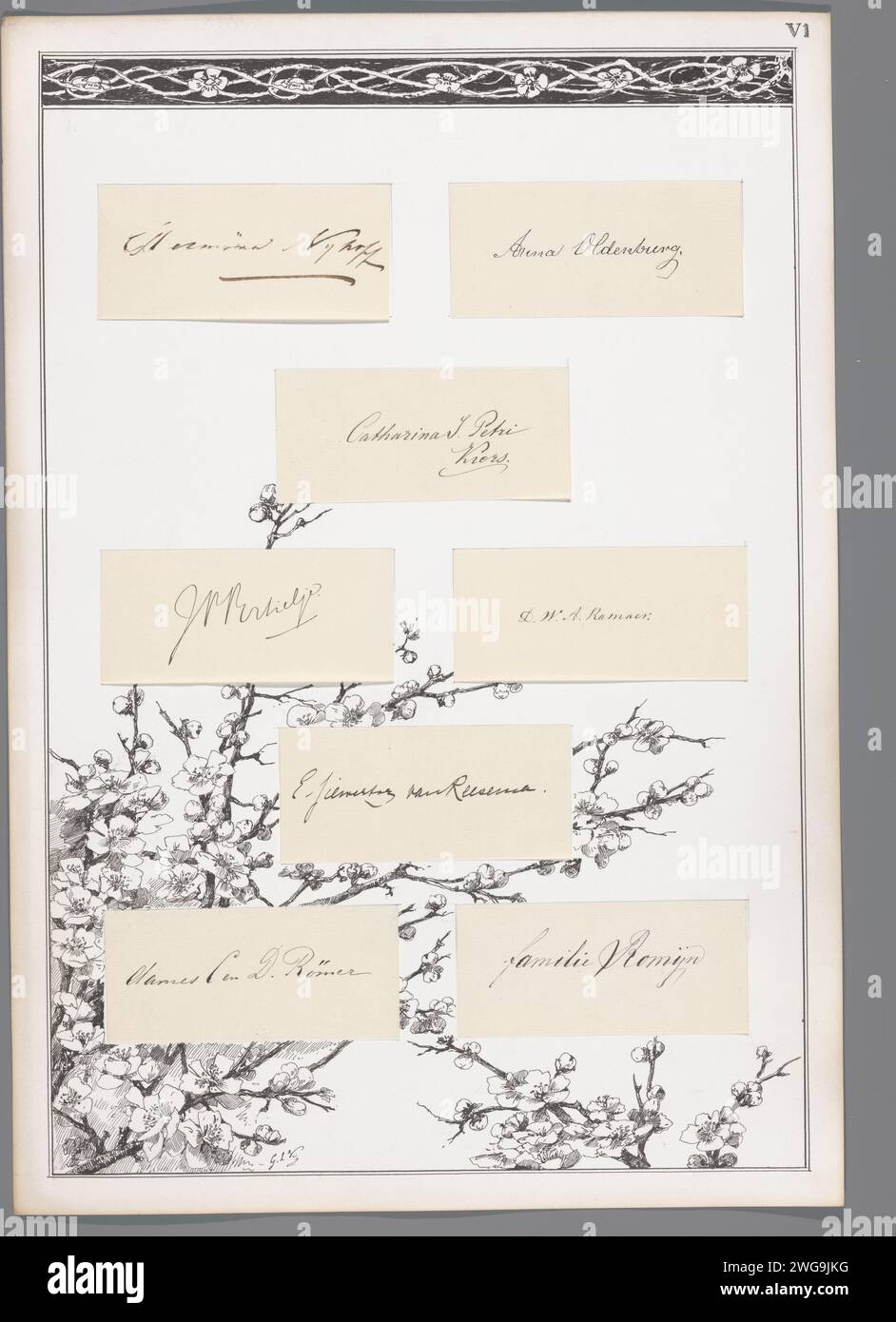 Eight signatures stuck on a leaf with blossom and decorative edge ...