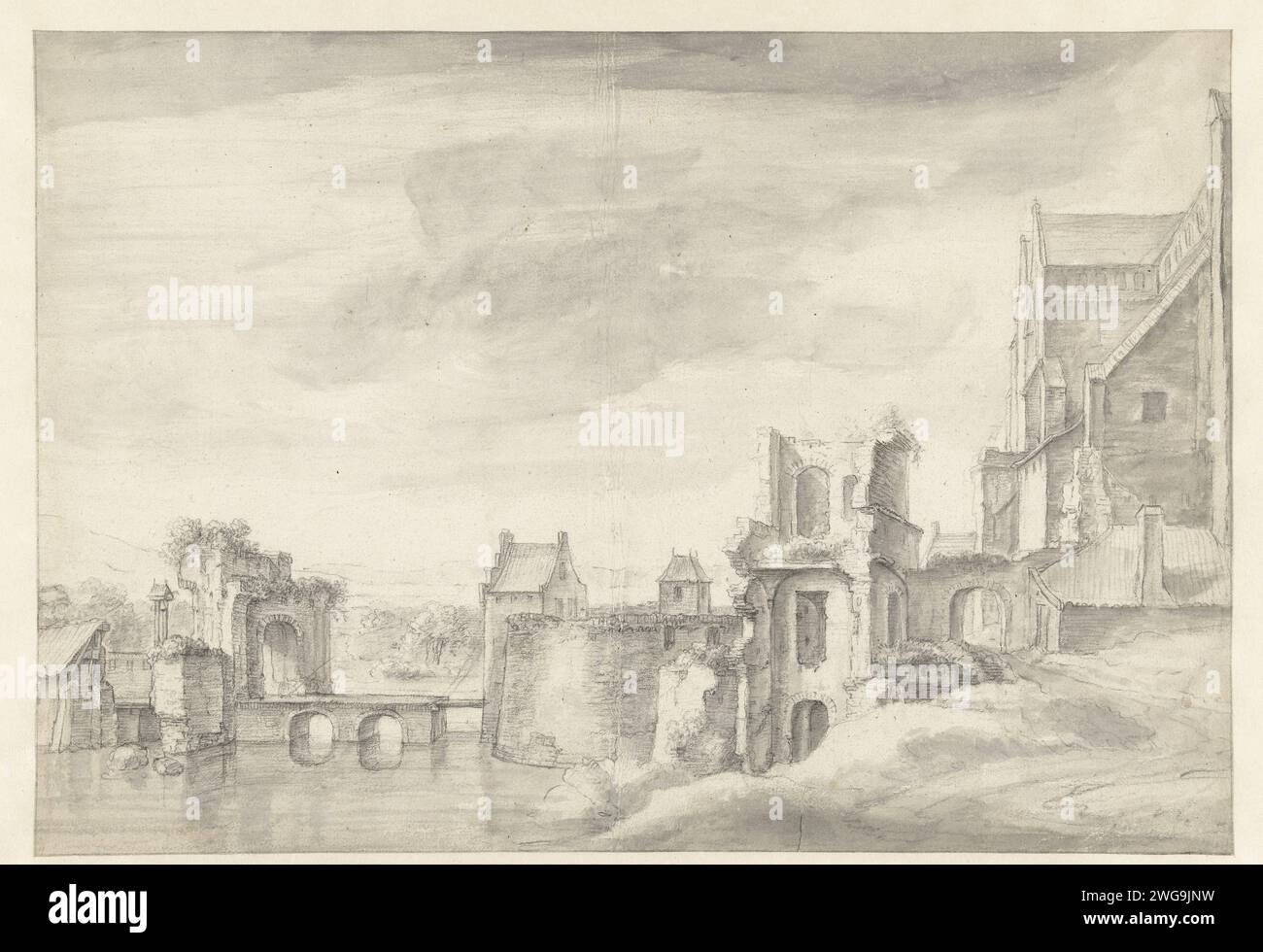 View of ruins on a river bank (St. Walburgkerk in Arnhem?), Anthonie ...