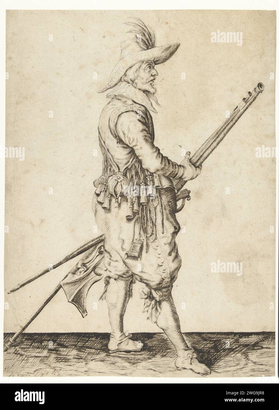 Soldier who holds his musket with both hands at his left thigh, 1607 ...