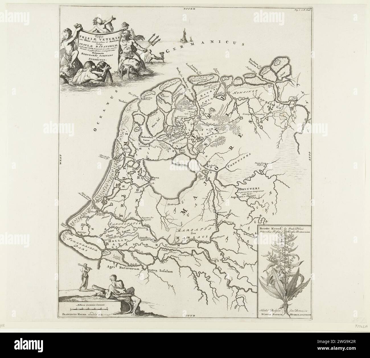 Historical map of the Netherlands with the areas of the Batavians and ...
