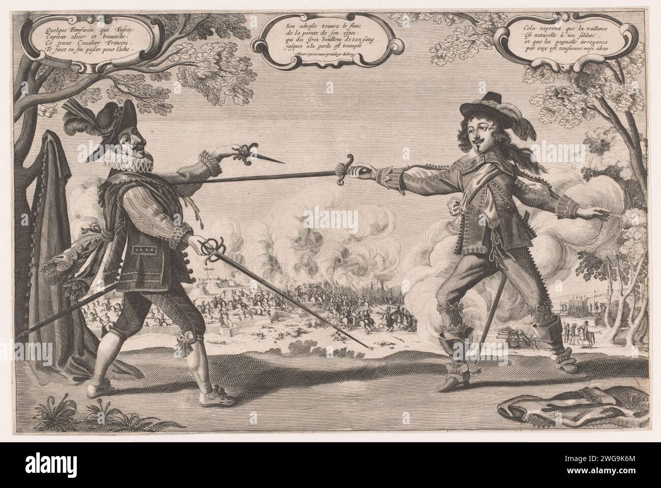 Two duulating noblemen with swords on a battlefield, Anonymous, c. 1615 ...