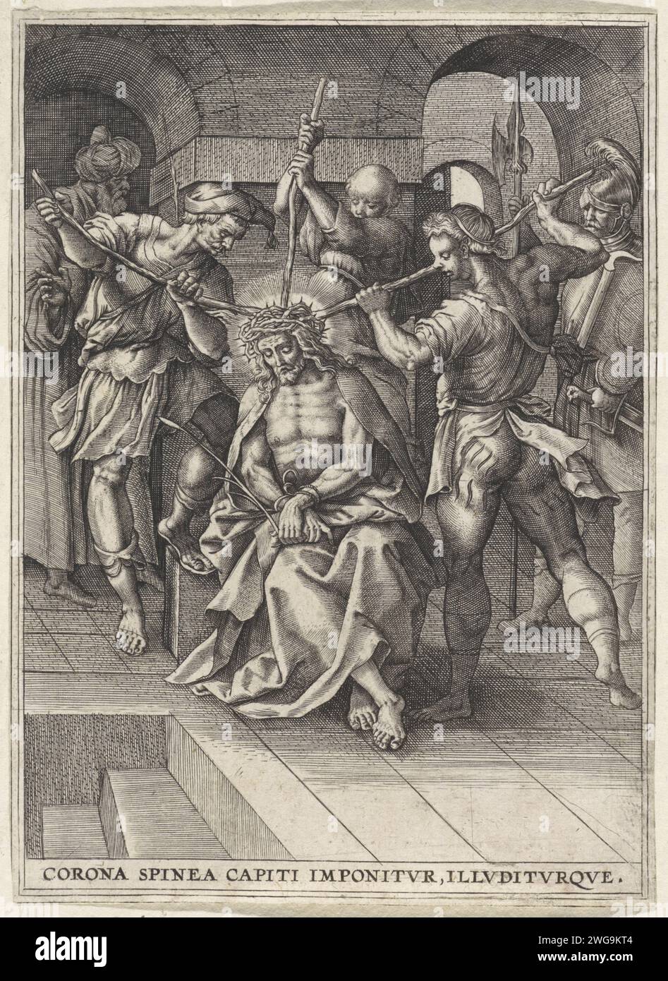 Doornenkroning, Anonymous, After Maerten de Vos, 1560 - 1600 print Soldiers place the crown on ...