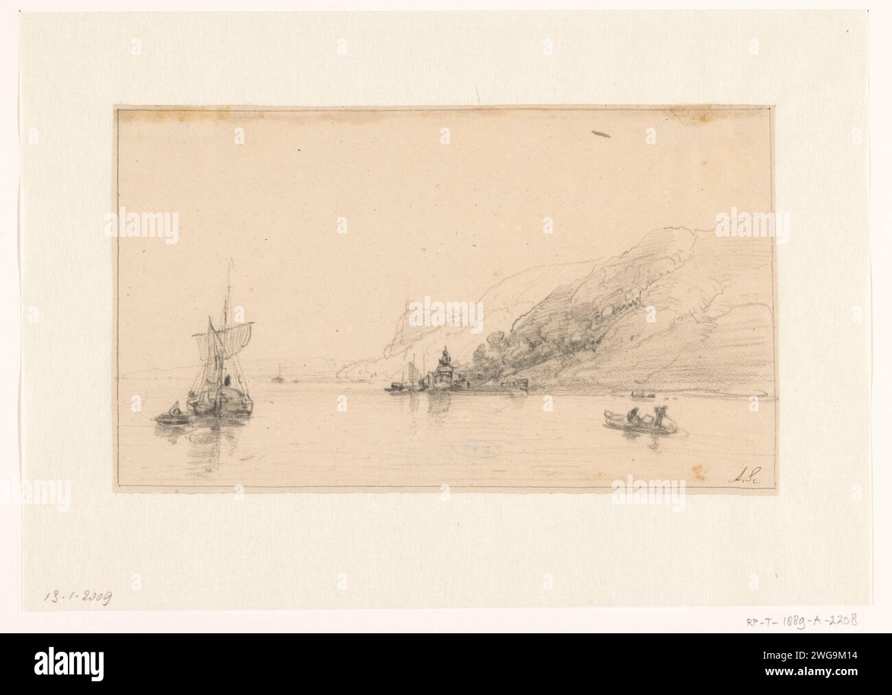 River face on the Rhine, Andreas Schelfhout, 1797 - 1870 drawing paper ...