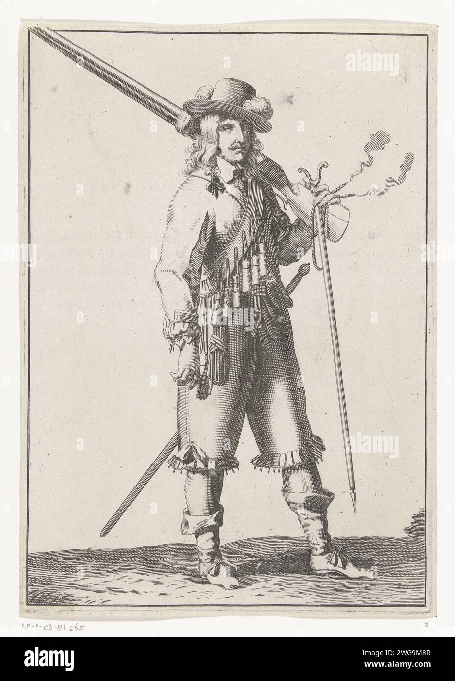 Soldier who wears his musket on his left shoulder and holds his furks ...