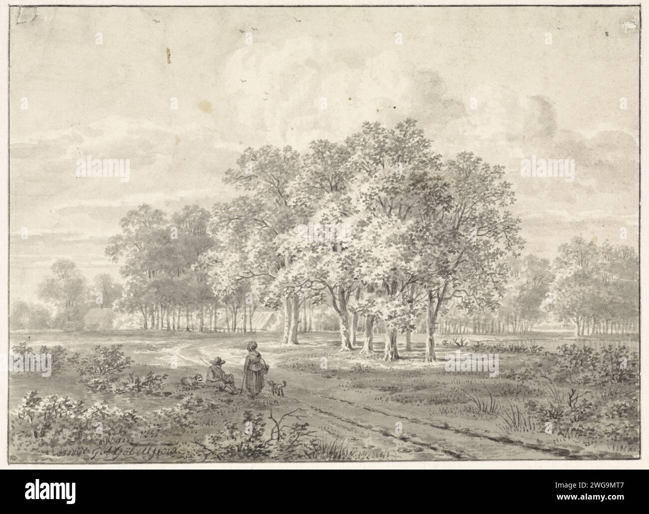 Landscape near Almelo, Gerrit Hendrik Gobell, 1828 drawing paper. chalk ...