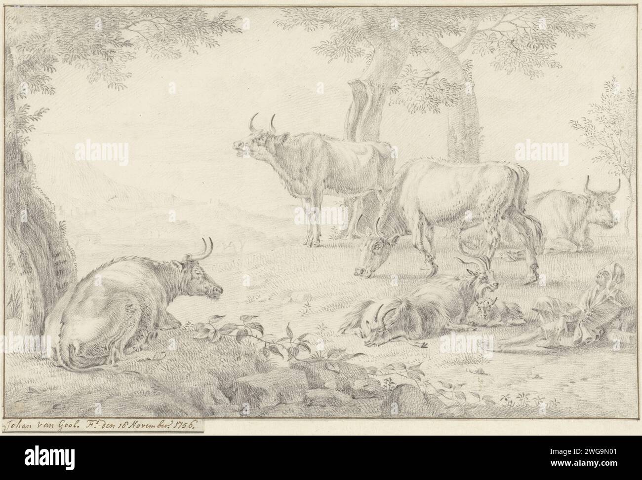 Landscape with cattle, Jan van Gool, 1756 drawing paper. chalk cow ...