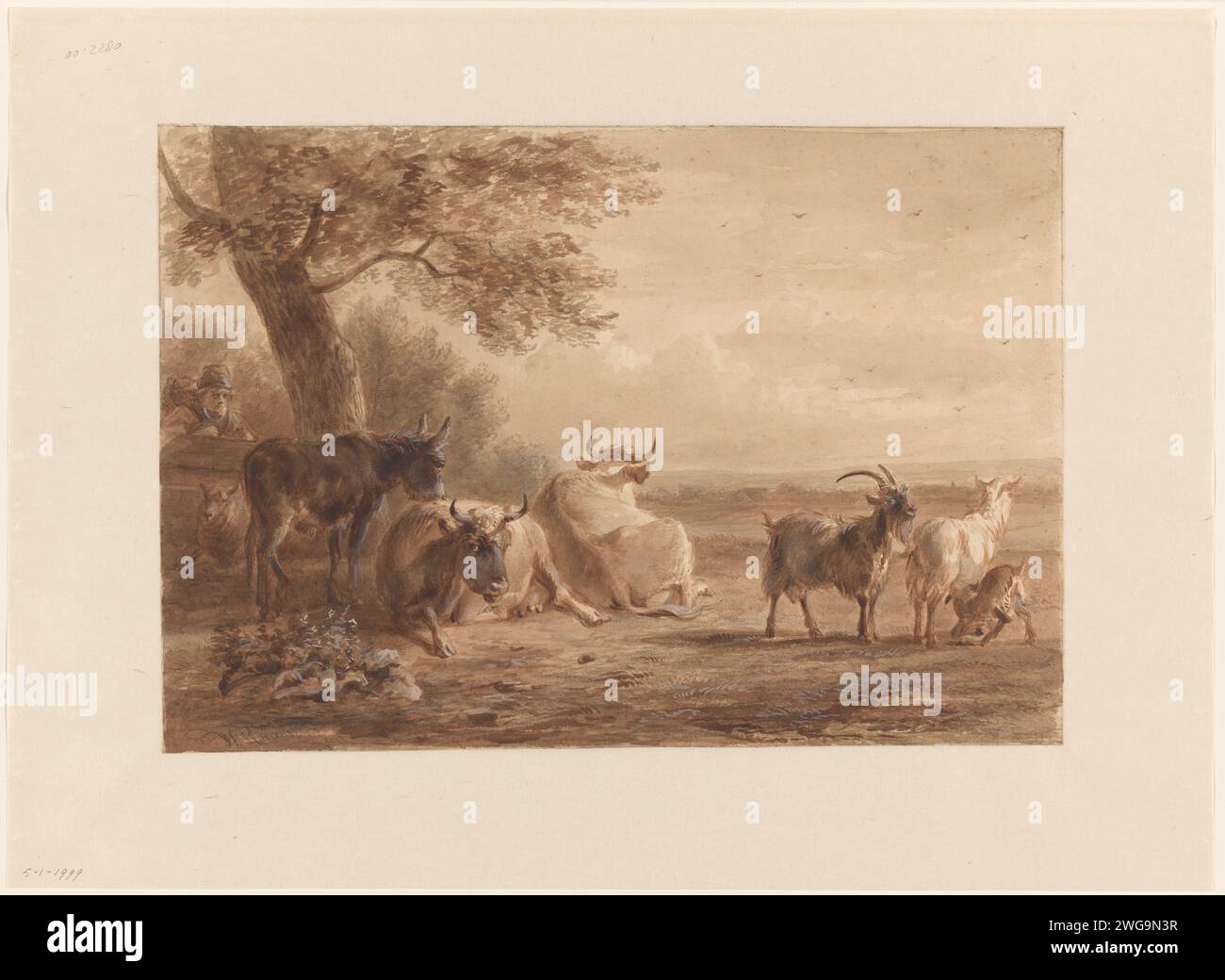 Cattle under a tree and a man with a basket, Jan van Ravenswaay, 1799 ...