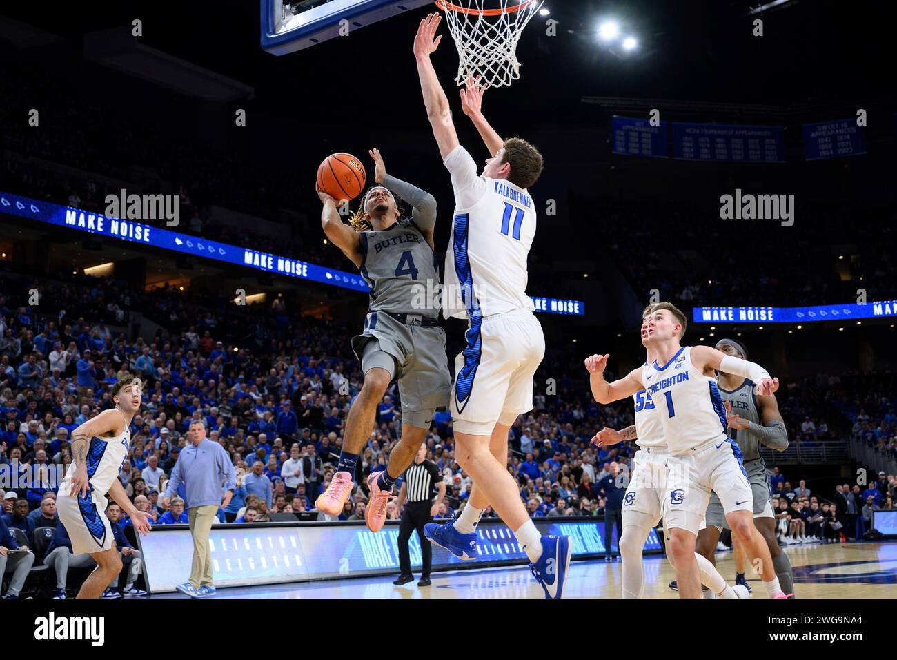 OMAHA, NE - FEBRUARY 02: Butler Bulldogs guard DJ Davis (4) drives to ...