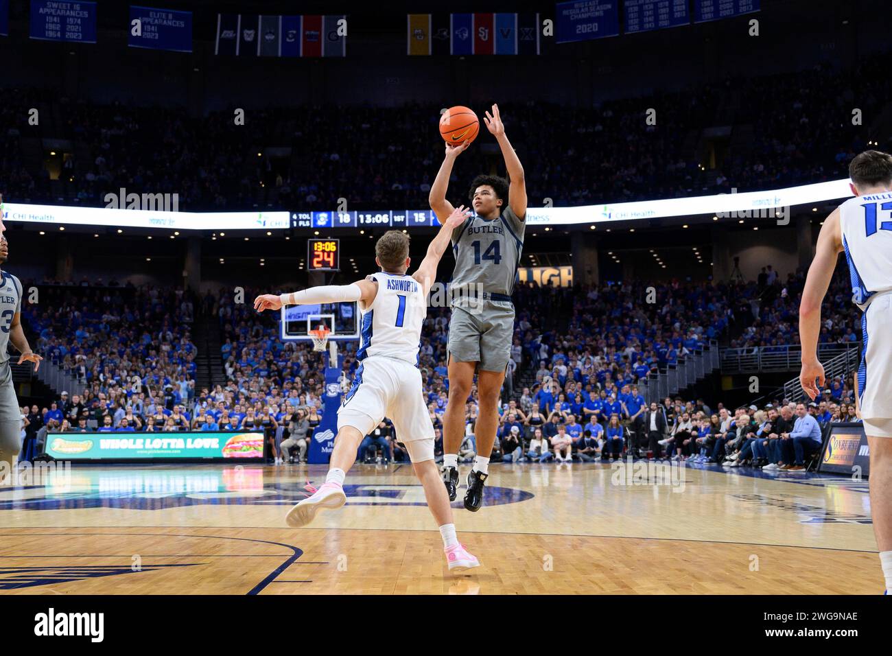 OMAHA, NE - FEBRUARY 02: Butler Bulldogs guard Landon Moore (14) shoots ...