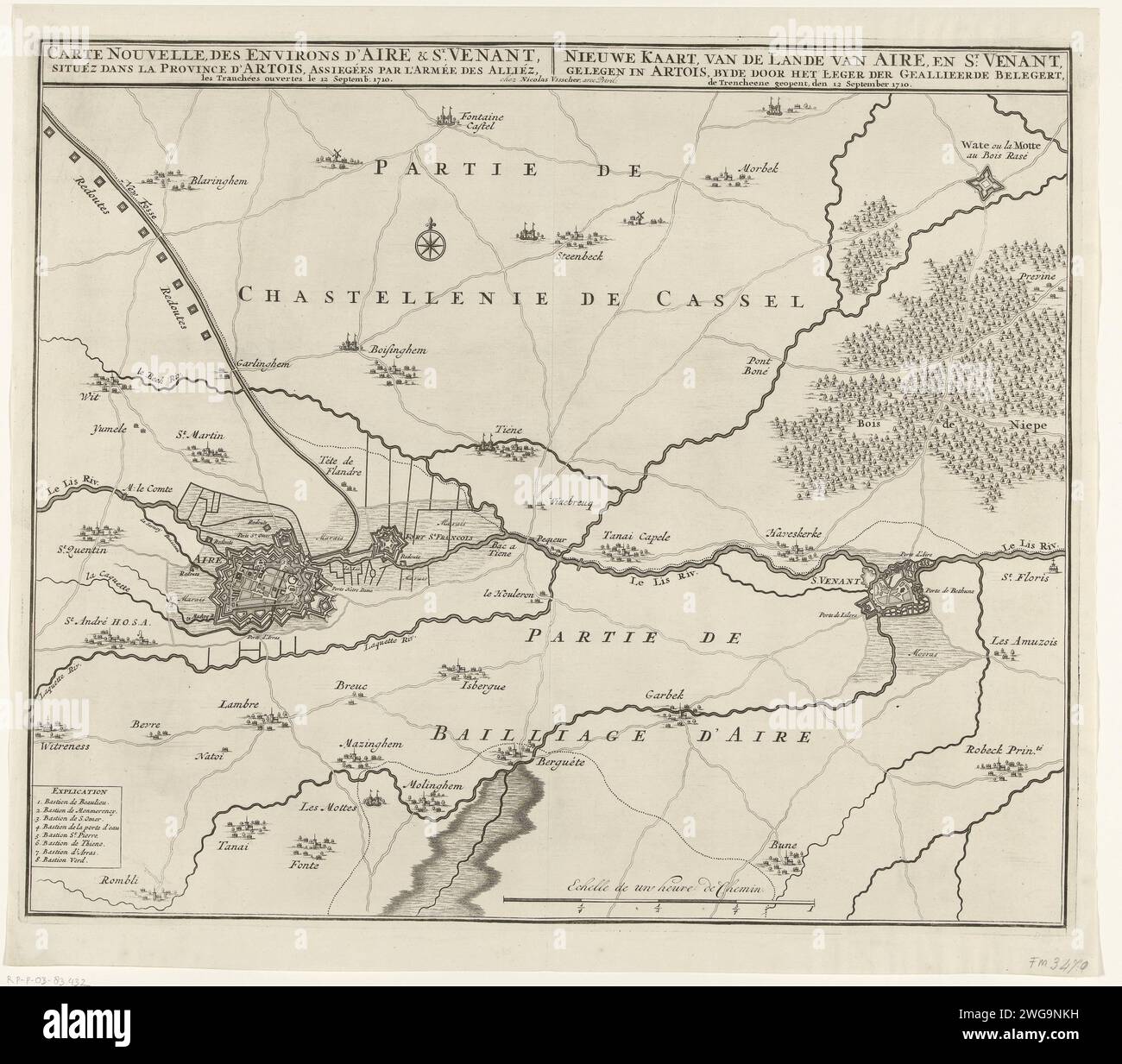 Map of the area between Aire and Saint-Venant, 1710, 1710 print Map of ...