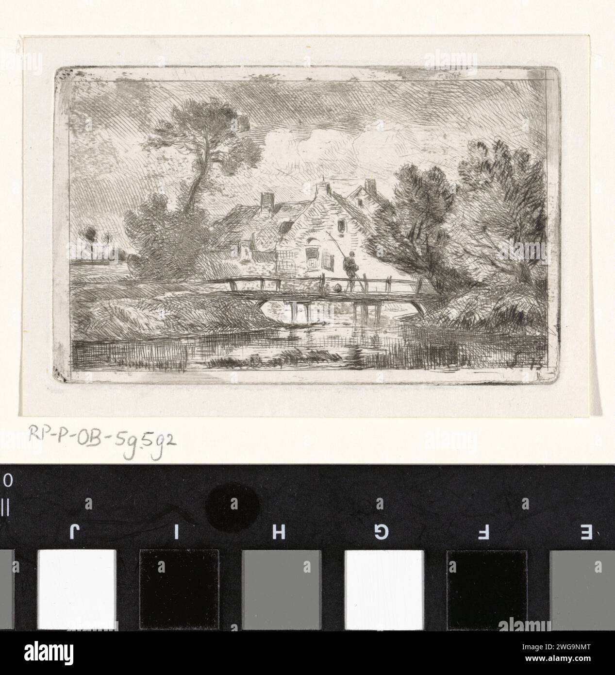 Hengelaar on a bridge near a farm, Jan Gerard Smits, 1875 print The ...