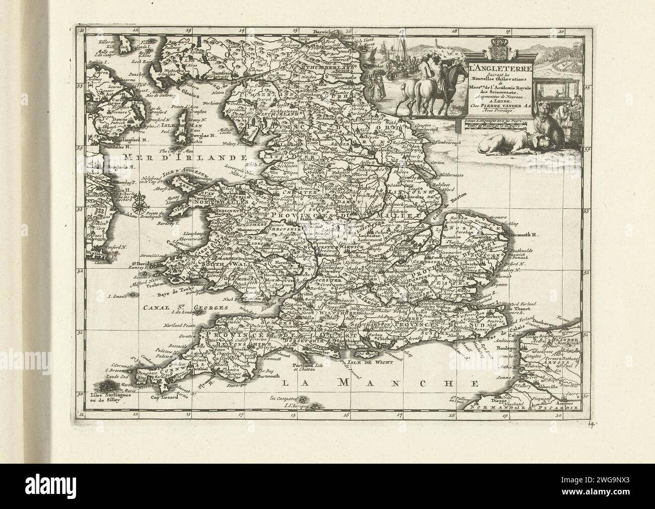 Map of England, 1726, 1726 print Map of England. At the top right a few dogs and a few ...