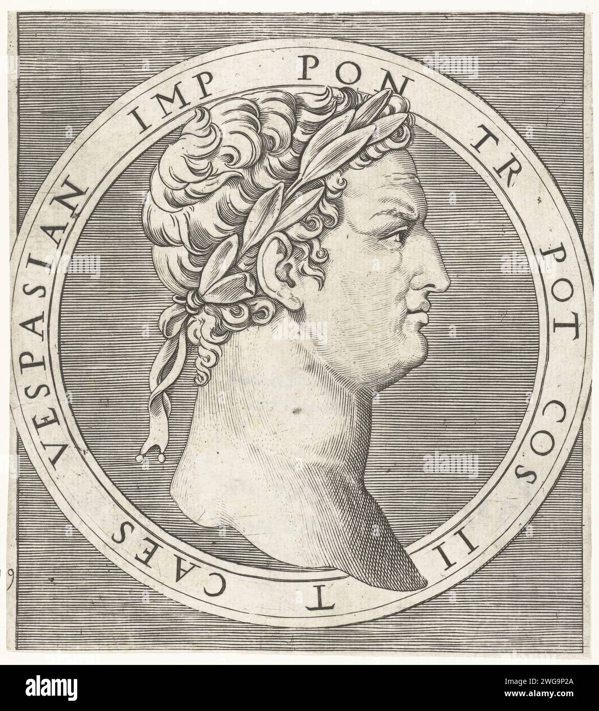 Portrait of Emperor Vespasian with laurel wreath in round frame ...