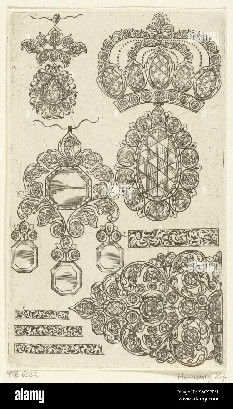 Nine ornaments, c. 1600 - c. 1699 print Designs for hangers, a crown ...