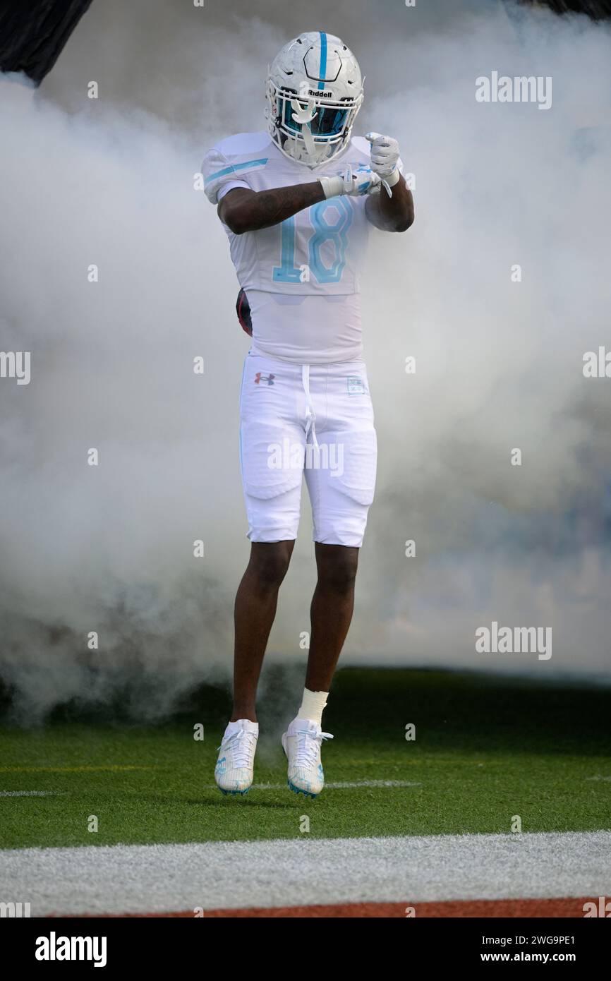 Team Ice defensive back Zion Ferguson (18) runs onto the field during ... Team Ice defensive back Zion Ferguson (18) runs onto the field during ...