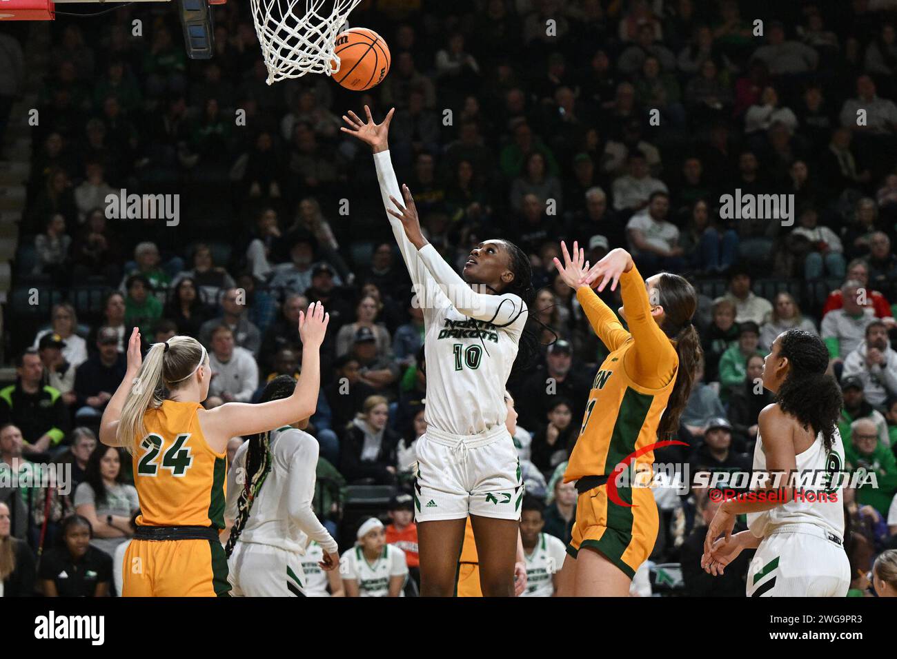 North Dakota Fighting Hawks center Fatima Ibrahim (10) shoots the ball during an NCAA women's ...
