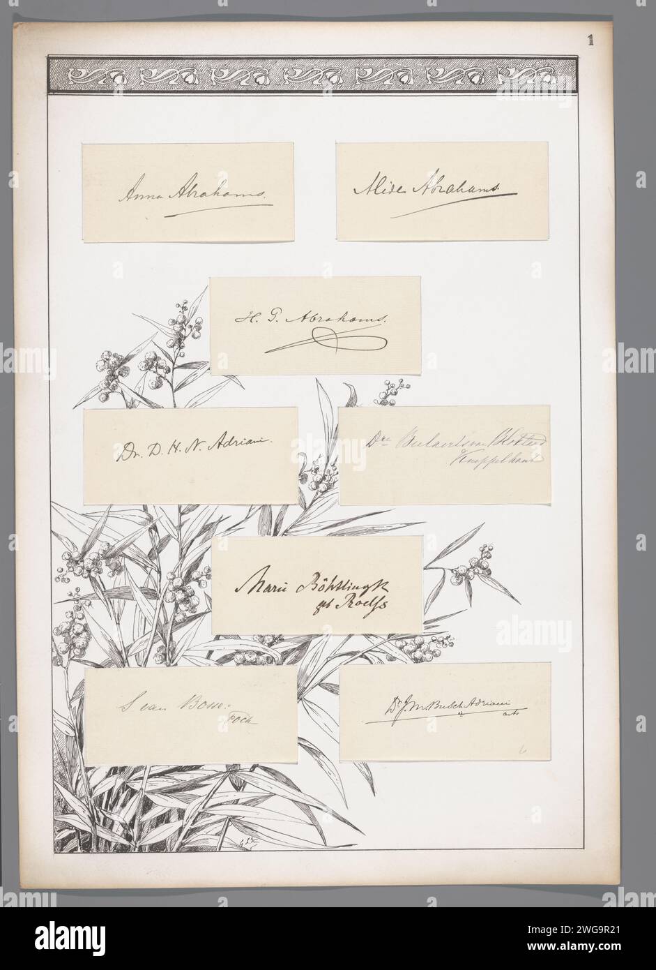 Eight signatures stuck on a leaf with a plant and decorative edge ...