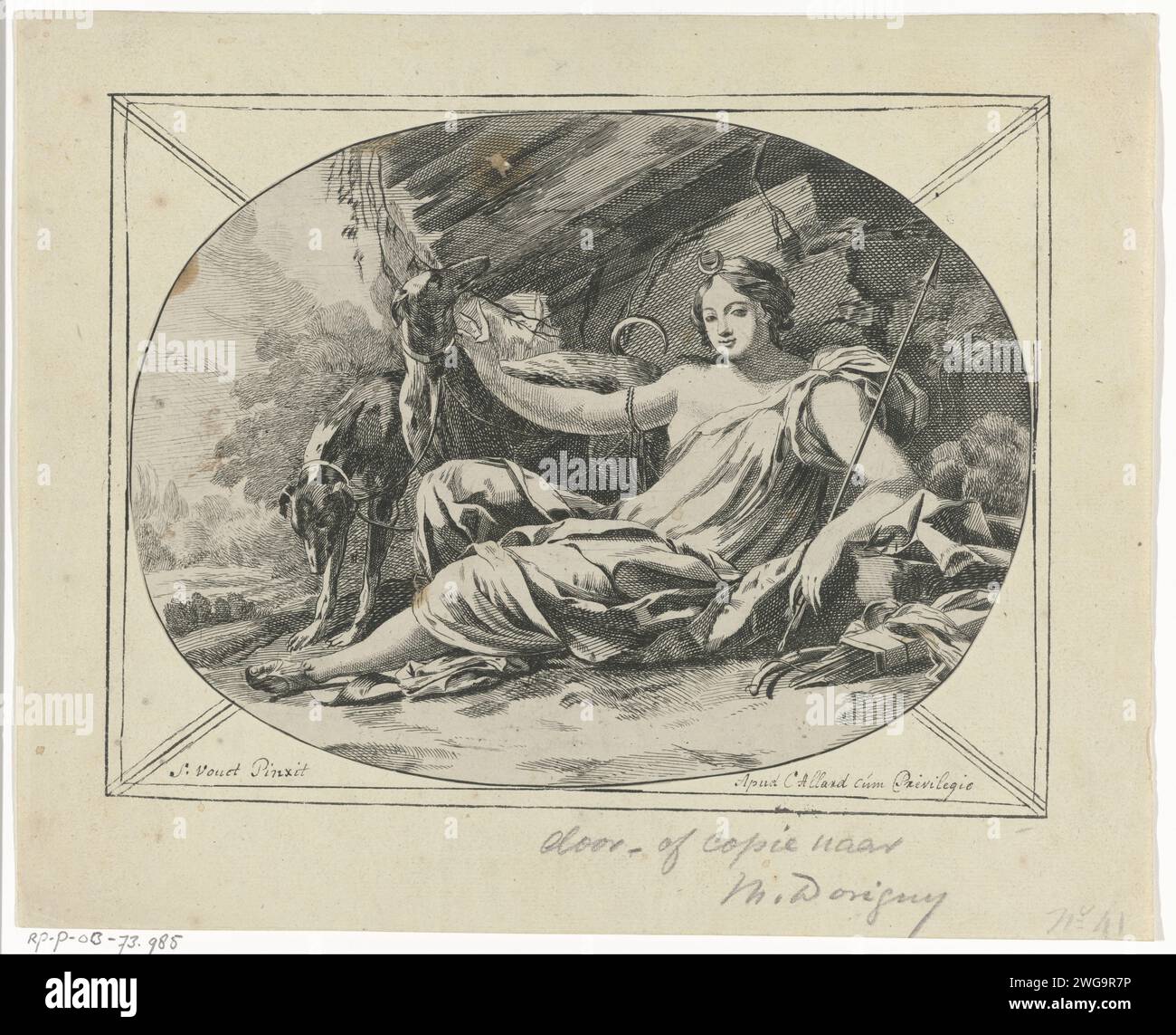 Lying Diana with her hunting dogs, Anonymous, After Michel Dorigny, After Simon Vouet, 1626 ...