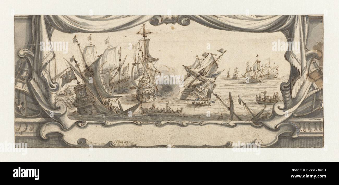 Zeegebecht in a cartouche, Ludolf Bakhuysen, 1661 - 1666 drawing A sea ...