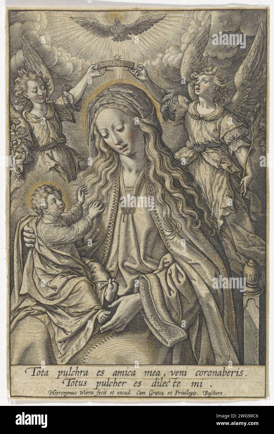 Mary with Christkind, crowned by two angels, Hieronymus Wierix, 1563 - Before 1619 print Maria ...