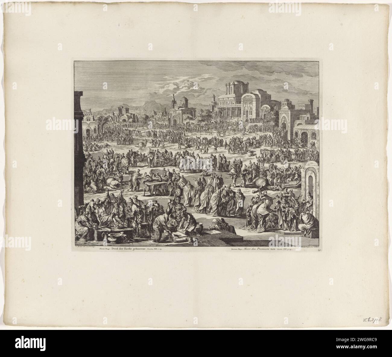 Death of the Firstborn, Jan Luyken, 1708 print On a plain in a city ...