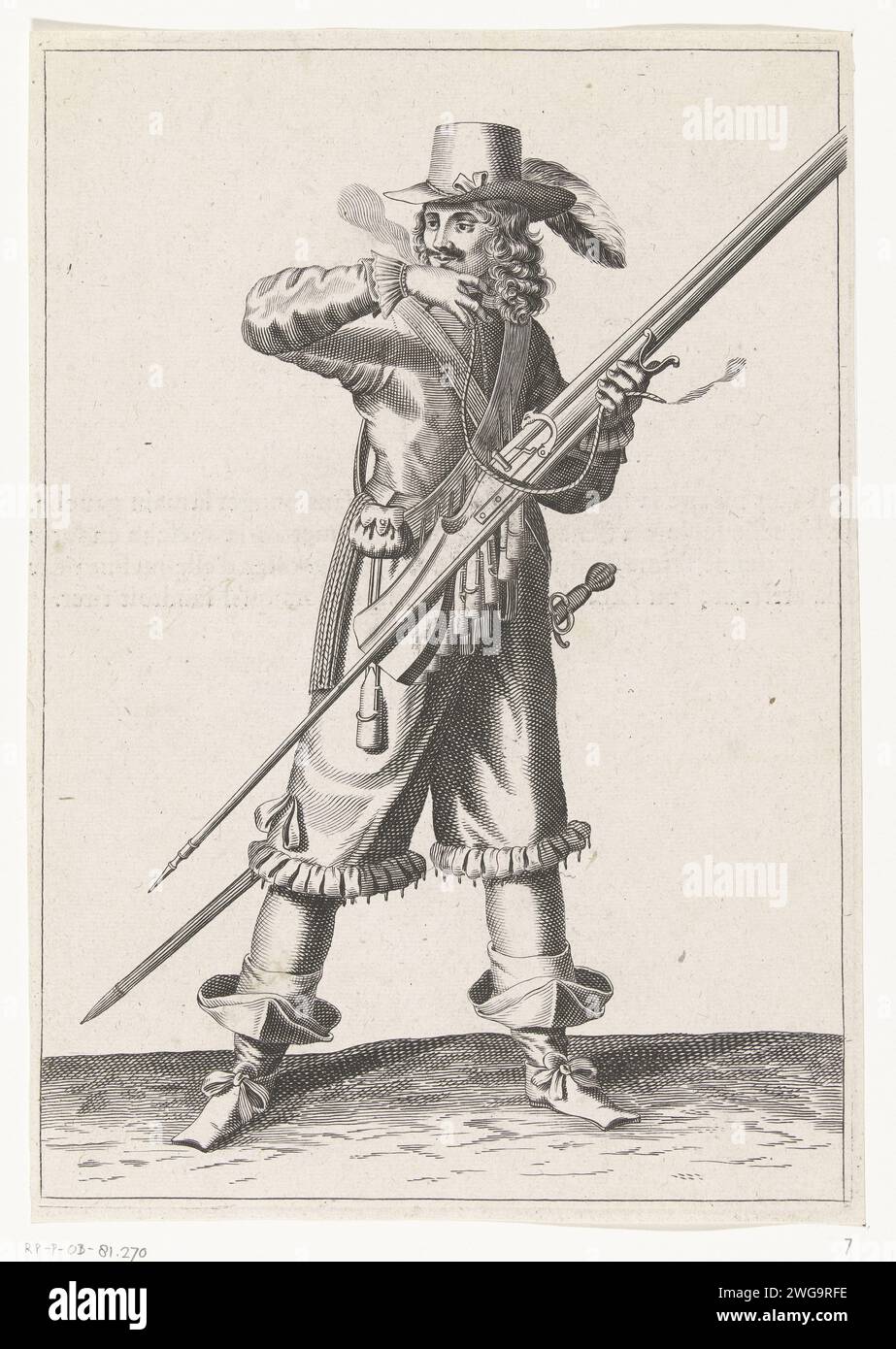 Soldier with a musket who brings his wick to his mouth to blow him ...