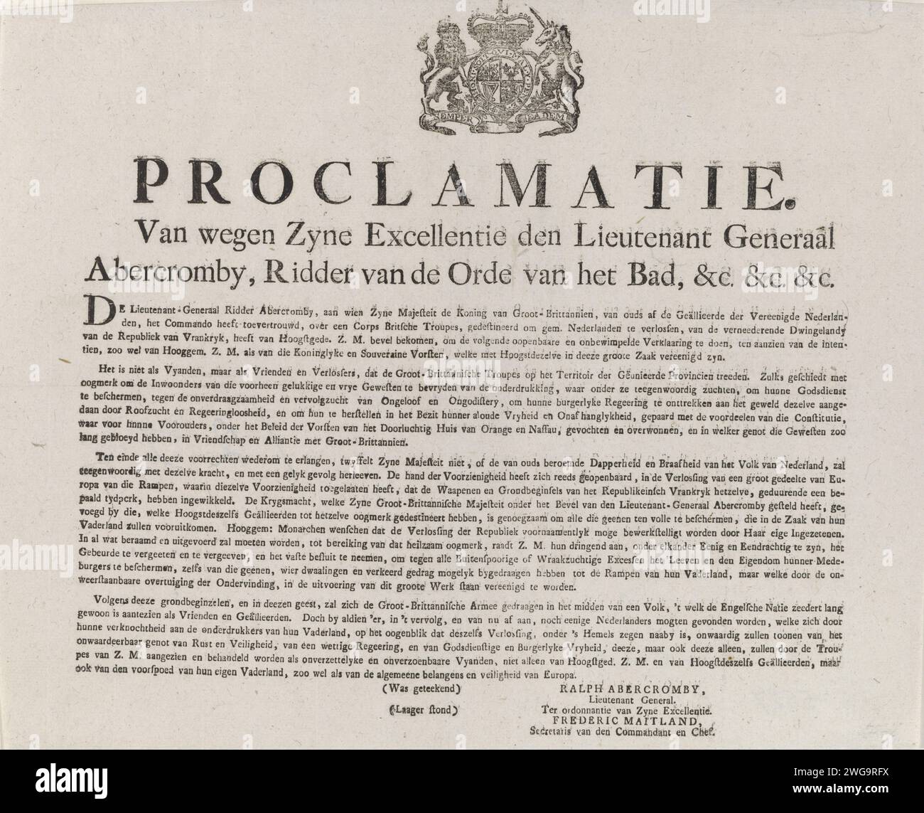 Proclamation of General Abercromby to the Dutch inhabitants, 1799 ...
