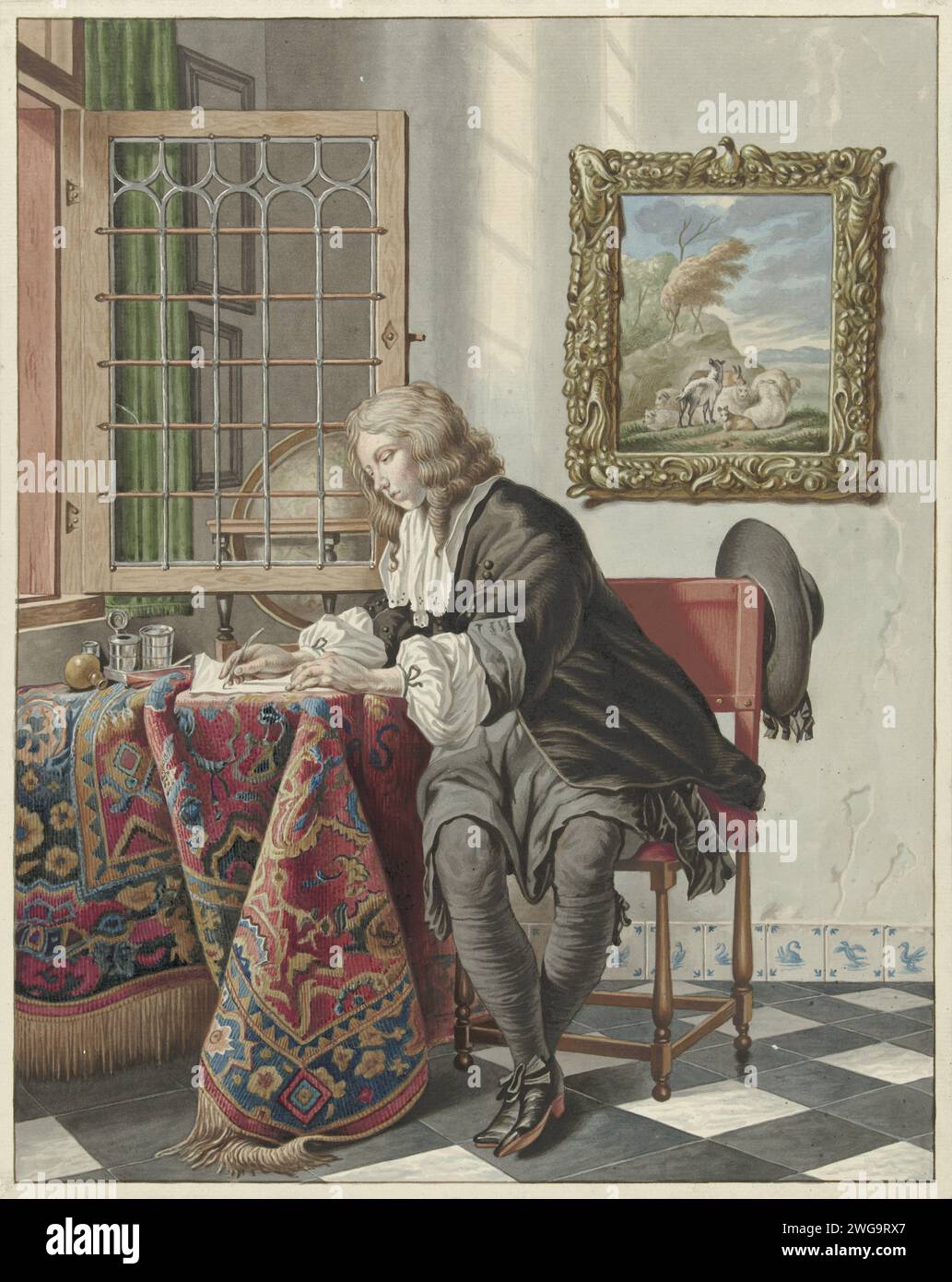 Writing young man on a window, Jan Stolker, After Gabriël Metsu, 1734 ...