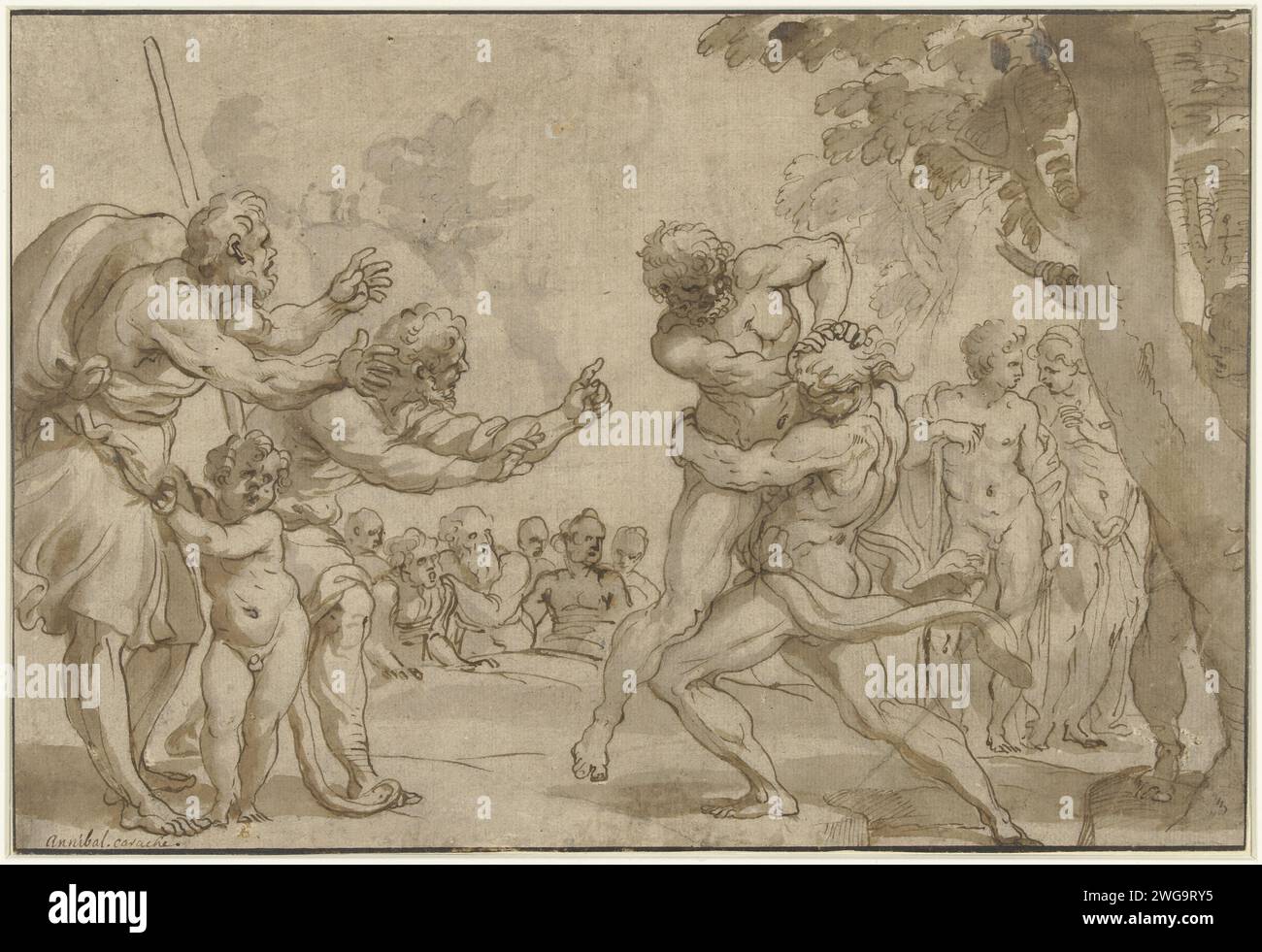 Hercules in Antaeus, Domenico I Piola, 1637 - 1703 drawing paper. chalk ...