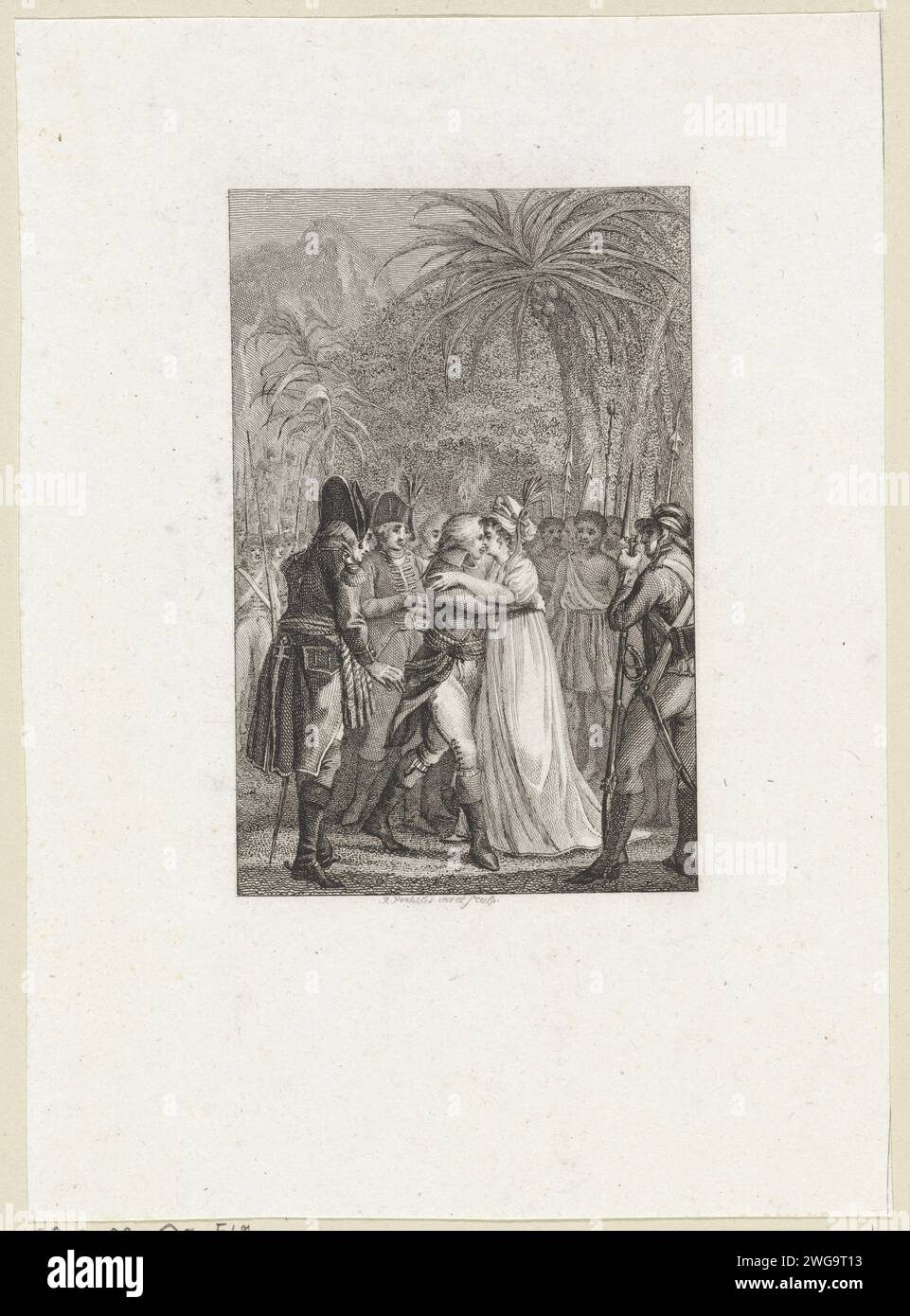 Surrounded by soldiers and Africans, a man and wife embrace each other ...